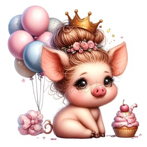Princess Piglet Clipart, 14 Cute Pig With Balloons PNG, Birthday Pig ...