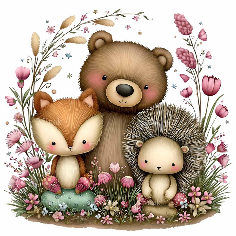 15 PNG Forest Animals Bear Fox Hedgehog Floral Wood Clipart - Etsy