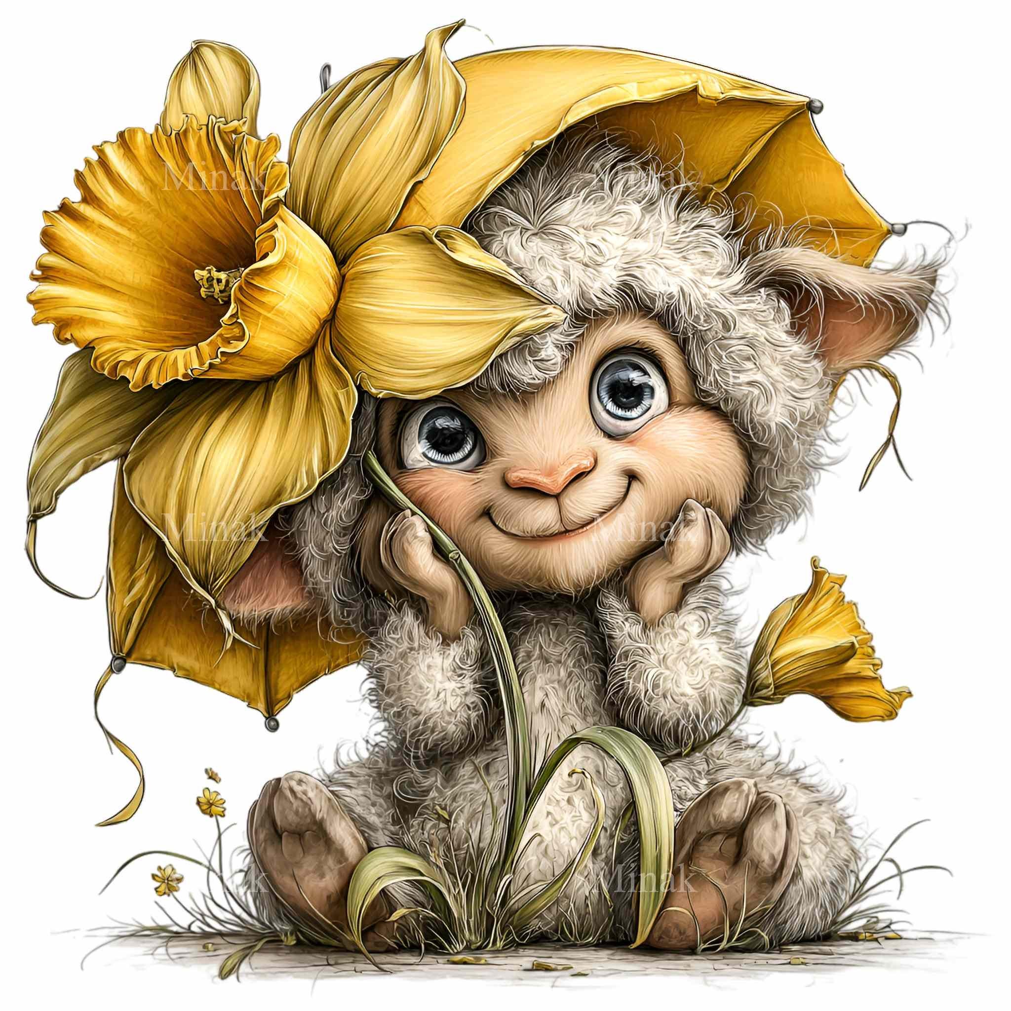 15 PNG Spring Lamb Clipart, Easter Sheep Illustration Daffodil Umbrella ...