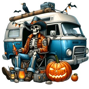 Spooky Skeleton Camper Clipart PNG 12 Halloween Road Trip With Pumpkin ...