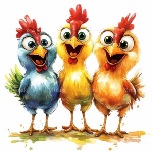12 Colorful Chickens PNG Clipart - Three Cheerful Cartoon Hens in ...