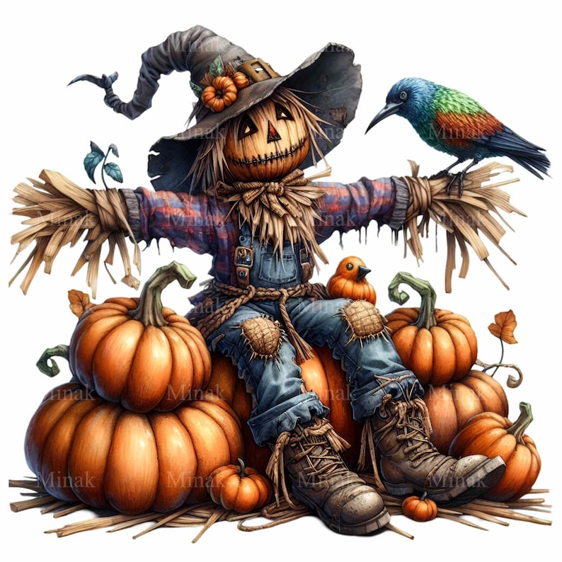 15 PNG Autumn Scarecrow Clipart, Fall Pumpkin Crow Harvest Season - Etsy