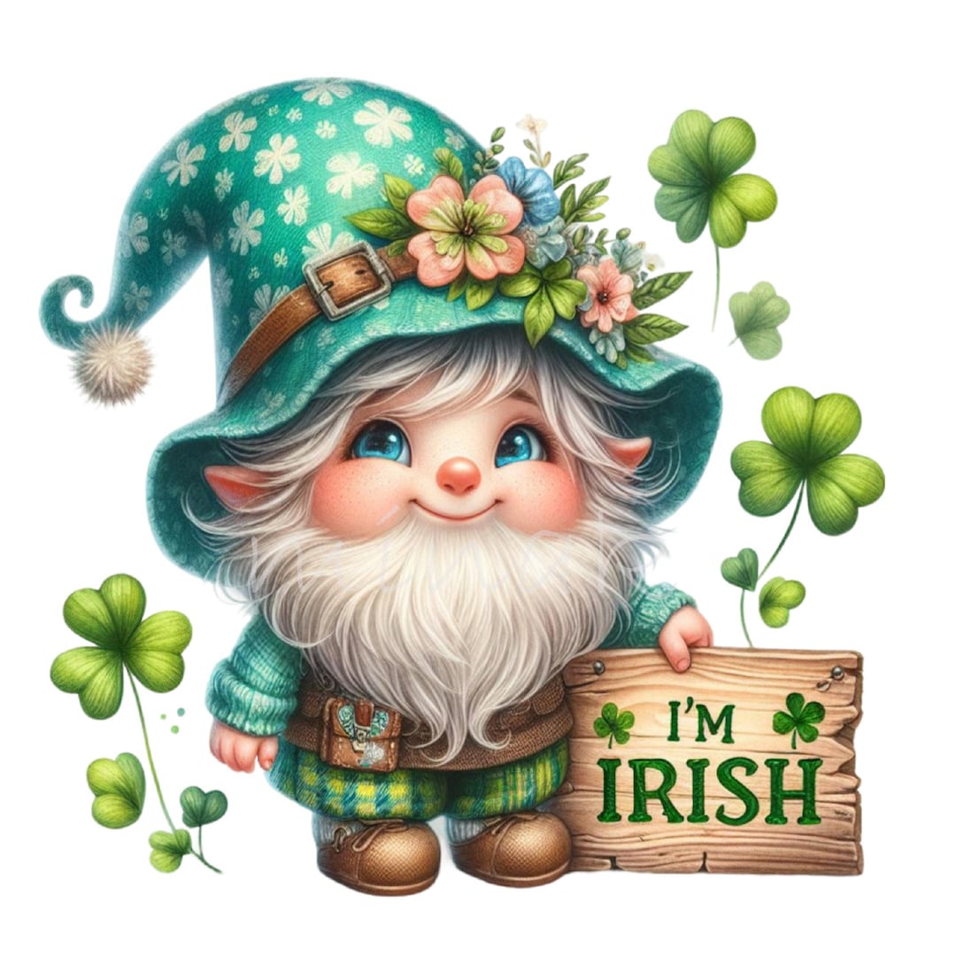 12 Irish Gnome PNG Clipart - Cute Gnome With Shamrock Hat, Flowers, and ...