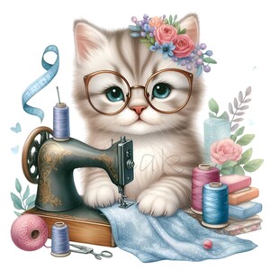 Kitten Clip Art, 12 PNG Cat Sewing Craft, Seamstress Sewing Machine ...