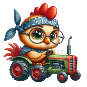 12 Farm Chicken Clipart PNG, Cute Chick With Straw Hat on Red Tractor ...