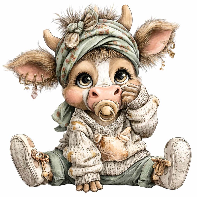 16 PNG Baby Cow Clipart – Newborn Calf With Pacifier and Headband for ...