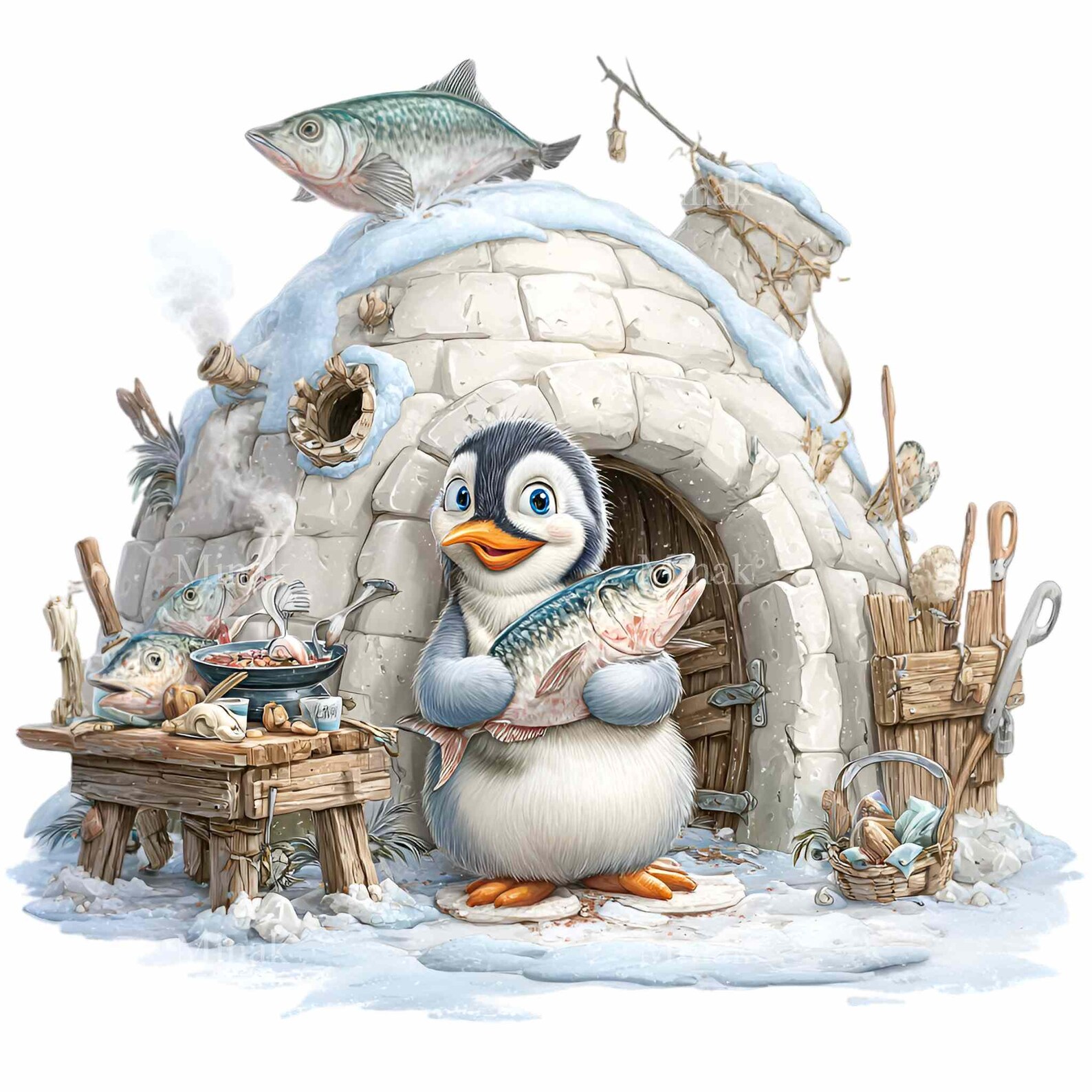 15 PNG Penguin Fisherman Clipart – Winter Igloo Illustration for Kids ...