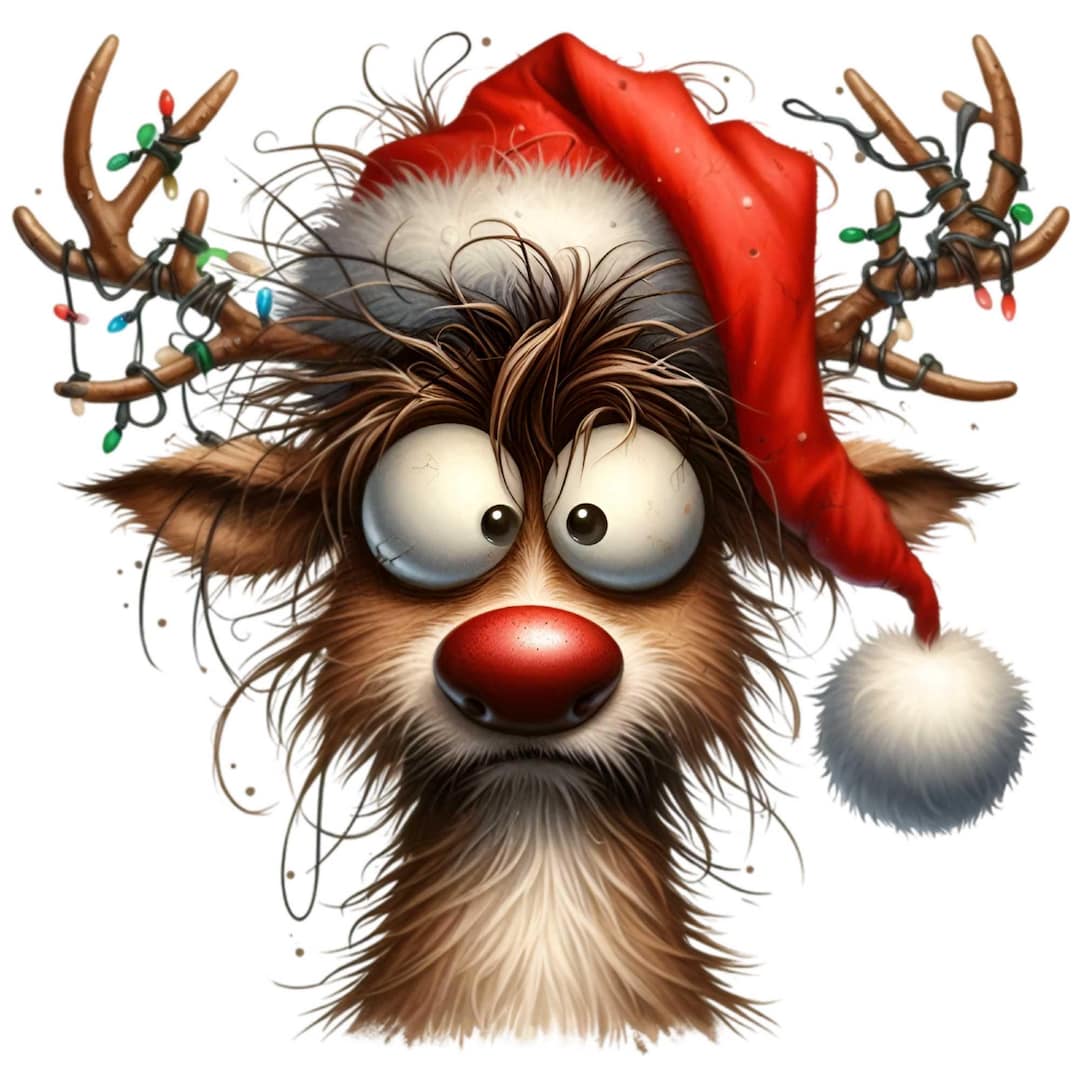 Funny Reindeer With Santa Hat and Tangled Christmas Lights PNG Clipart ...