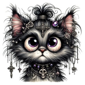 Gothic Cat PNG Clipart With Big Blue Eyes, 12 Intricate Jewelry, and ...