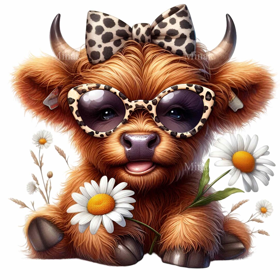 12 Highland Cow PNG Clipart, Cute Cow With Daisy Flowers, Leopard Bow ...