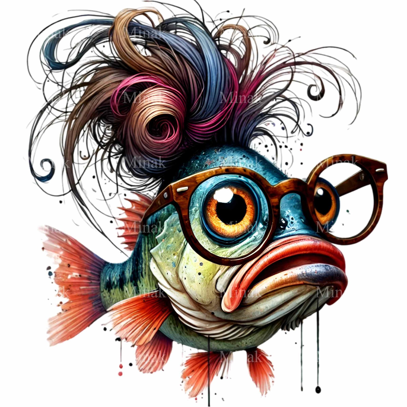 11 Funny Fish PNG Clipart, Quirky Fish With Messy Hair and Glasses ...