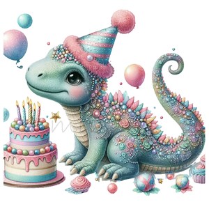 Cute Birthday Dinosaur Clipart, 14 Party Dino With Cake and Balloons ...