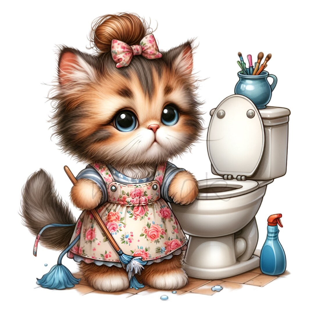 Cleaning Cat Clipart PNG 14 Adorable Kitten With Mop and Toilet ...