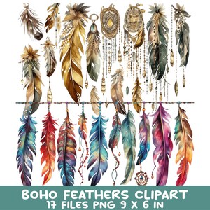 Boho Feathers Clipart Bundles, 17 PNG Watercolor Beaded Plumes Garland ...