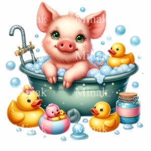 Bath Pig PNG Clipart 12 Cute Piglet With Rubber Duck Illustration Kids ...