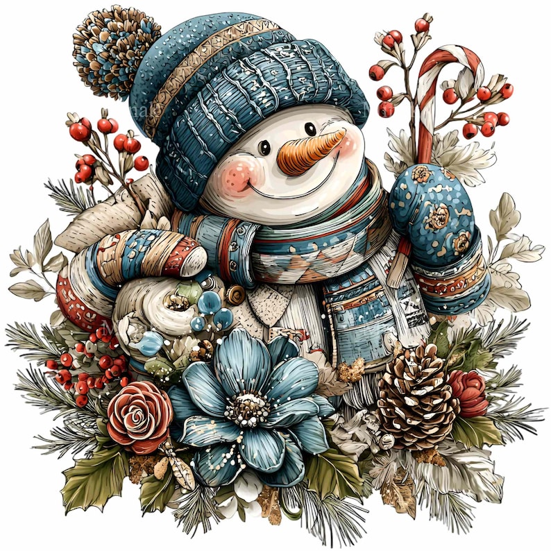 10 PNG Winter Floral – Blue Snowman PNG for Christmas Crafts, Holiday ...