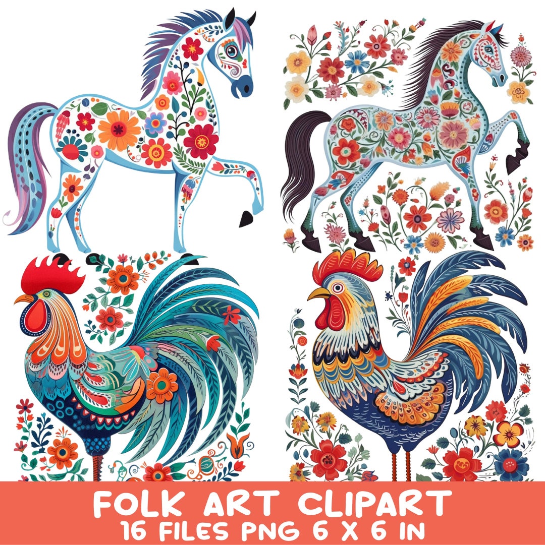 Folk Art Clipart Bundle 16 PNG Floral Animals Rooster Horse Bear Rustic ...