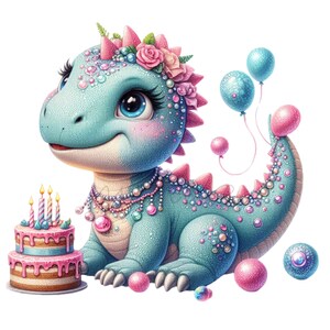 Cute Birthday Dinosaur Clipart, 14 Party Dino With Cake and Balloons ...