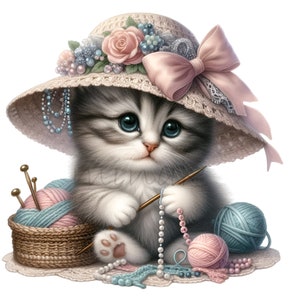 12 Cute Cat PNG Clipart Crocheting With Yarn Balls, Kitty in Hat and ...