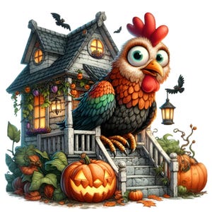 Halloween Rooster in Witch Hat Clipart Spooky Porch Scene With Jack-o ...