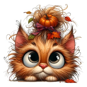 Adorable Fluffy Cat Clipart With Autumn Leaves and Pumpkins | Cute Fall ...