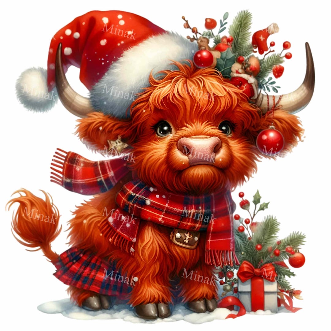 14 Highland Cow Christmas Clipart PNG Festive Cow in Santa Hat and ...
