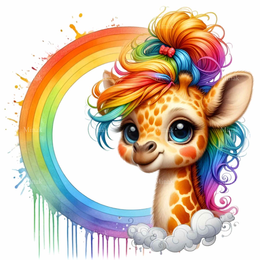 15 PNG Rainbow Giraffe Messy Bun Animal Clipart, Colorful Watercolor ...