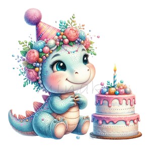 Cute Birthday Dinosaur Clipart, 14 Party Dino With Cake and Balloons ...