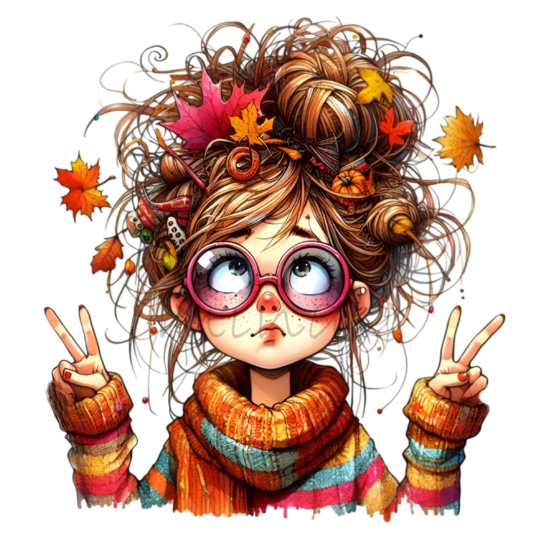 Funny Girl Fall Leaves Autumn 14 PNG Graphics Cartoon Illustration ...