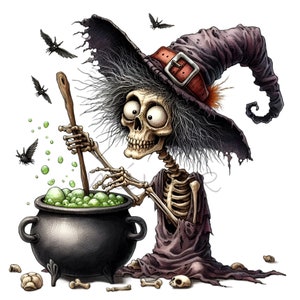 14 Skeleton Witch PNG Clipart, Spooky Halloween Cauldron Art, Creepy ...