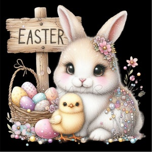 Rabbit Clipart, Chick Clipart, Easter Sign Clip Art, 15 PNG Watercolor ...