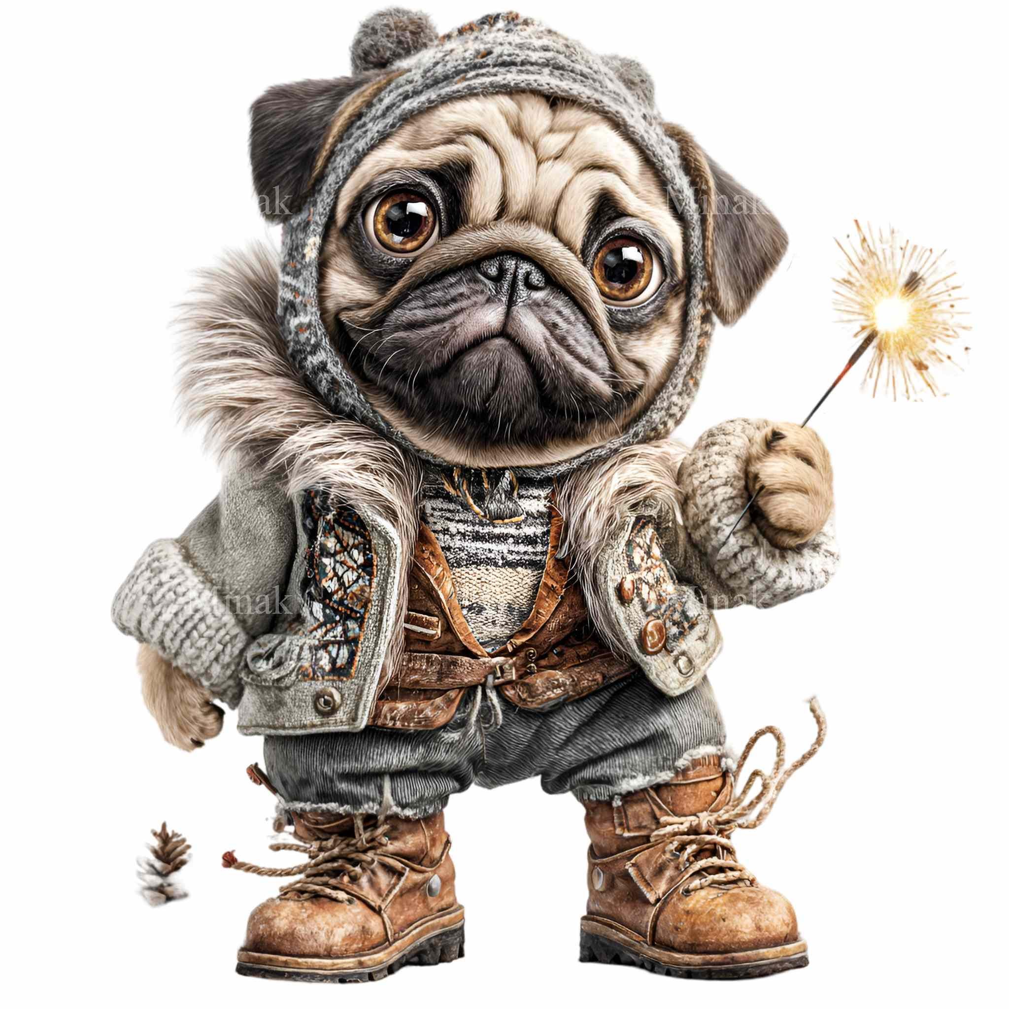 12 PNG Winter Pug – New Year Dog PNG Clipart – Cute Festive Pet With ...