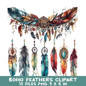 Boho Feathers Clipart Bundles, 17 PNG Watercolor Beaded Plumes Garland ...