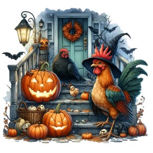 Halloween Rooster in Witch Hat Clipart Spooky Porch Scene With Jack-o ...