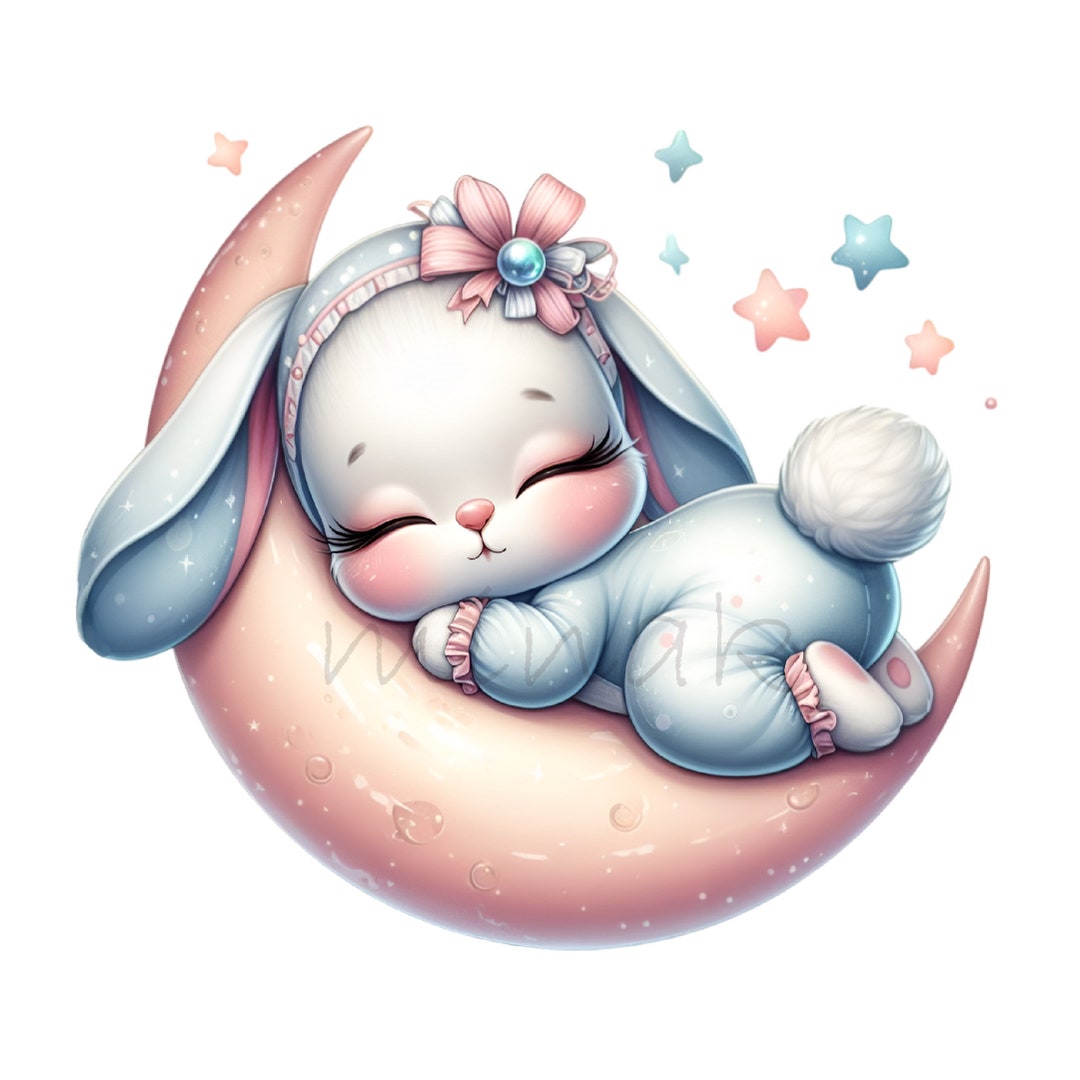Sleeping Clipart, Bunny Clip Art, 10 PNG Sleep Moon Watercolor ...