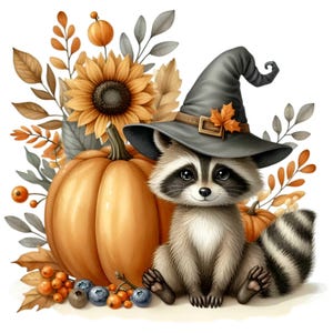 Raccoon Witch Clipart With Pumpkin and Sunflowers, Autumn Harvest Art ...