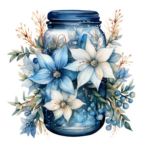 Floral Mason Jar Clipart - Watercolor Blue Flowers in Glass Jar With ...