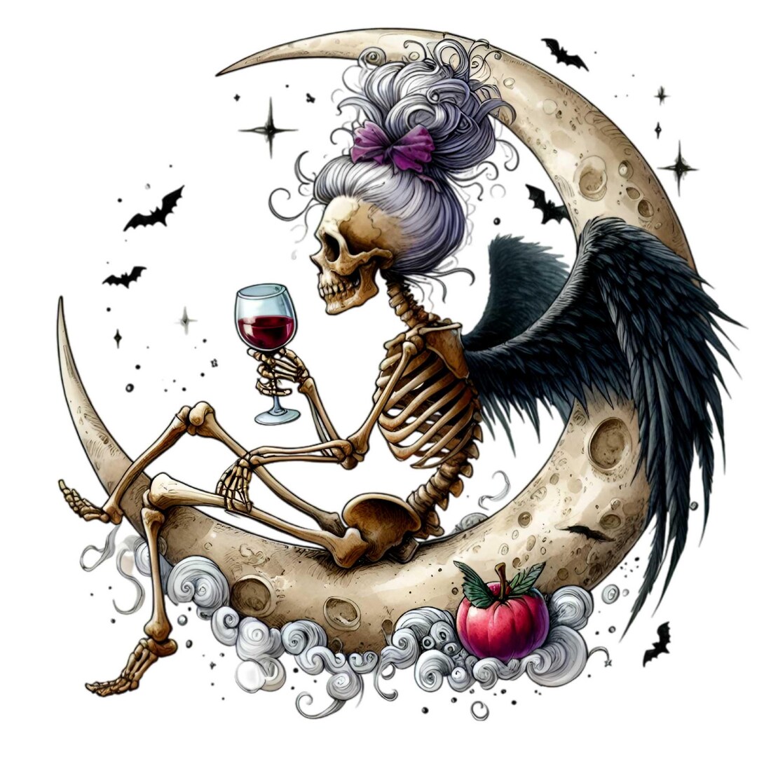 Skeletal Angel With Wine on Crescent Moon Clipart PNG 15 Spooky ...
