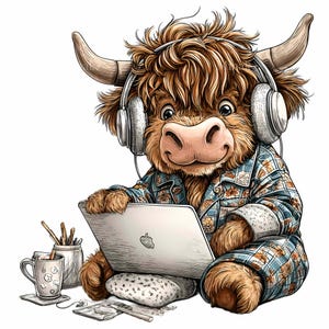 12 PNG Home Office Animal – Highland Cow PNG Clipart – Cute Pajama Bull ...