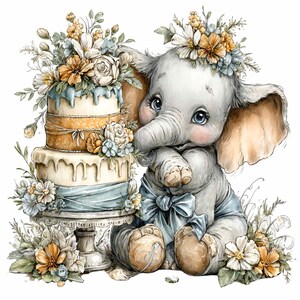 15 PNG Birthday Elephant Clipart – Cute Baby Animal PNG – Floral Cake ...