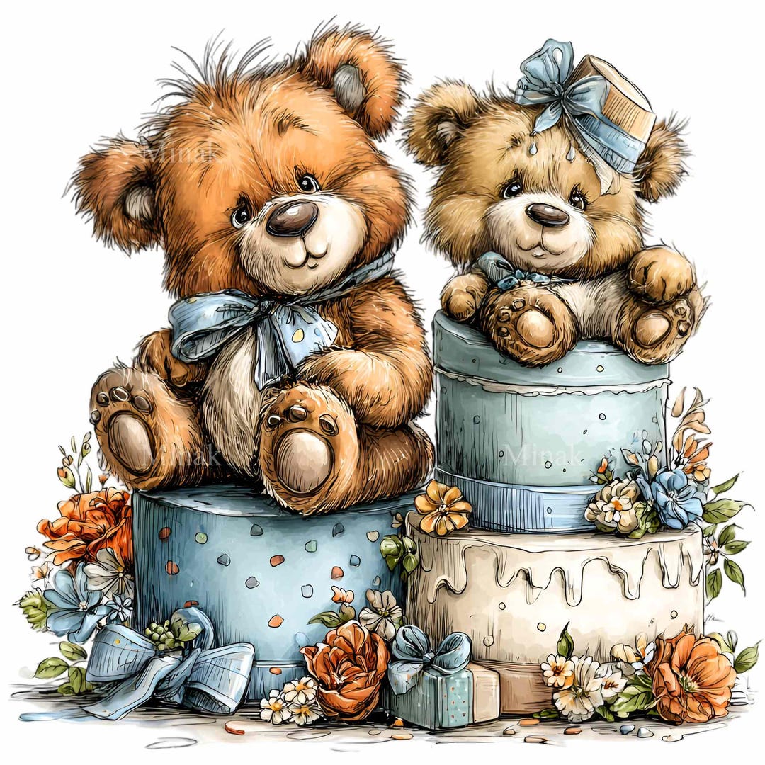 11 PNG Birthday Bears Clipart – Cute Animals PNG With Blue Cakes – Baby ...