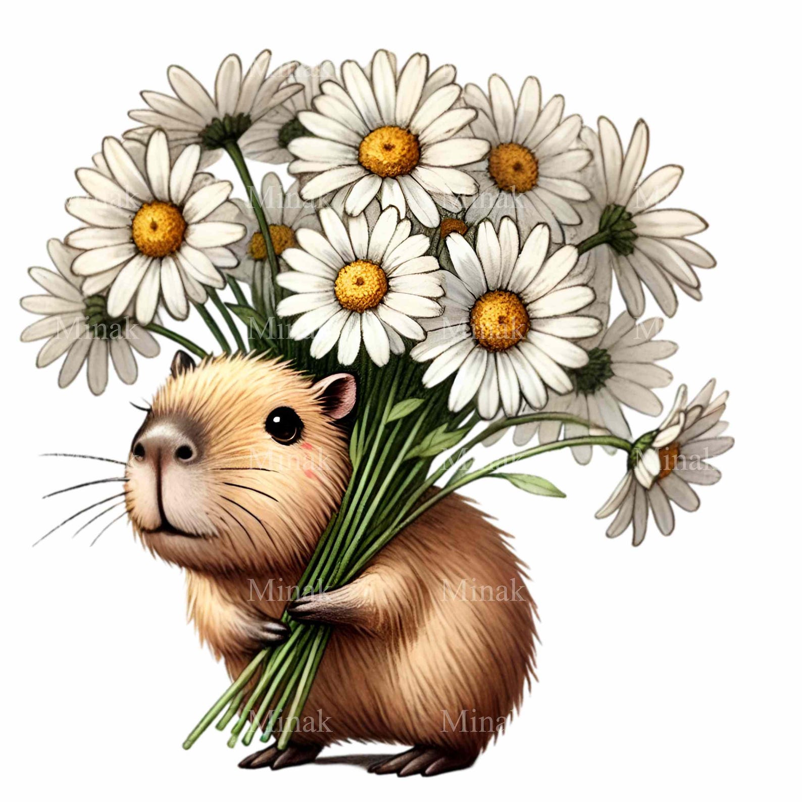 12 PNG Capybara Daisy Bouquet, Whimsical Animal Clipart, Floral Rodent ...