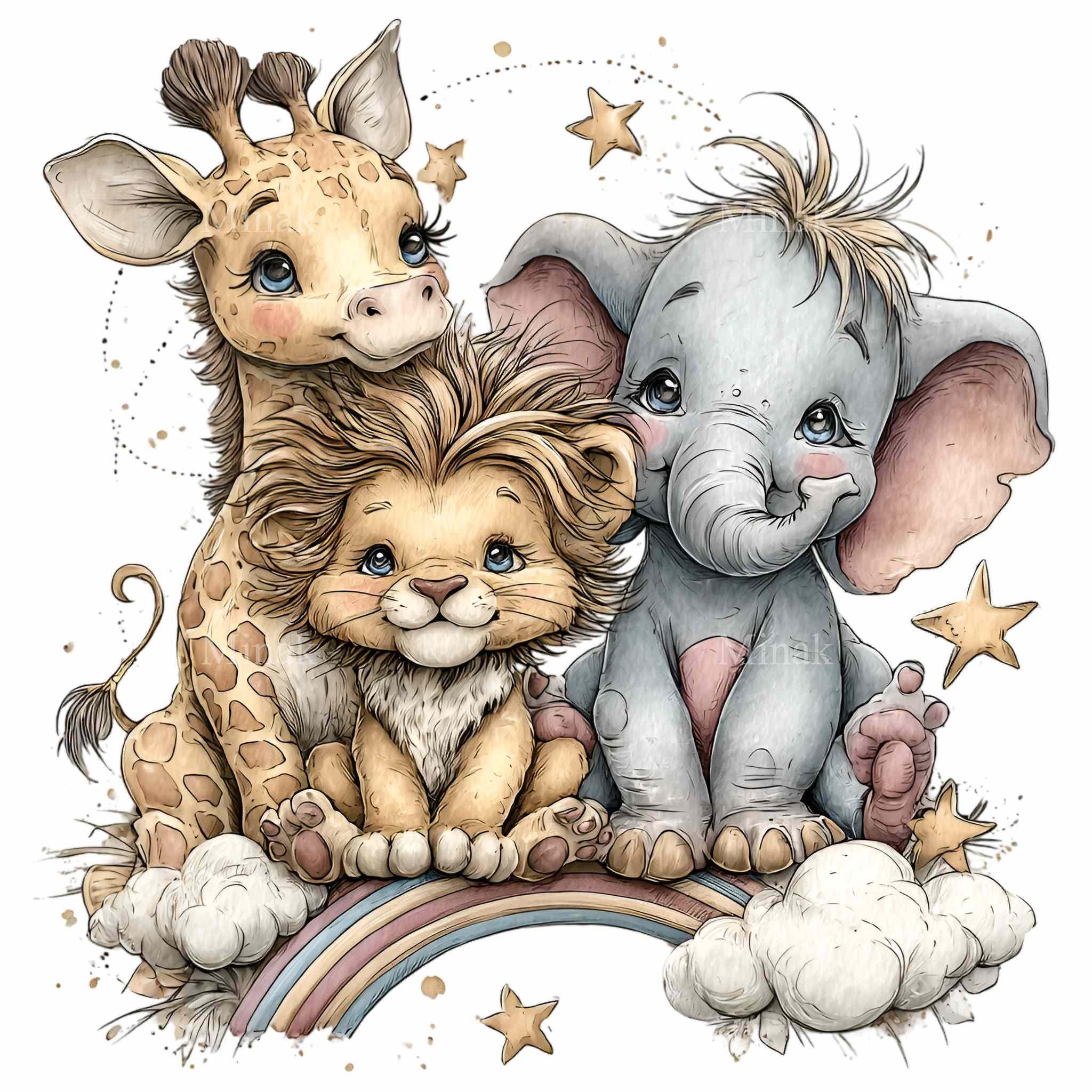 12 PNG Safari Baby Animals Clipart – Lion Giraffe Elephant PNG – Jungle ...