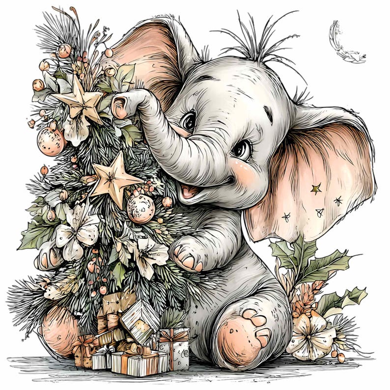 10 PNG Holiday Elephant Clipart – Baby Animal PNG With Gifts – Winter ...