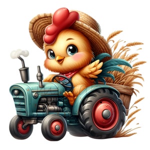 12 Farm Chicken Clipart PNG, Cute Chick With Straw Hat on Red Tractor ...