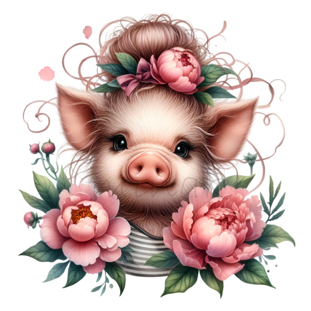 12 Pig With Flowers PNG Clipart - Cute Piglet With Floral Crown and Top ...