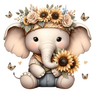 Elephant Girl Clipart, 12 Sunflower Watercolor Elephant Clipart ...