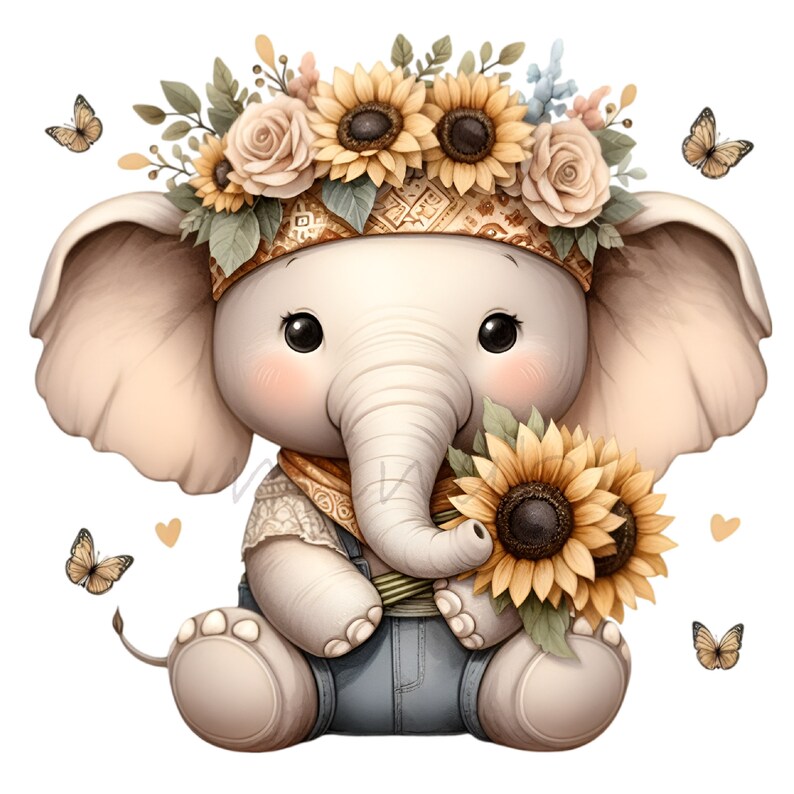 12 PNG Elephant Sunflower Farm Animal Clipart, Nursery Digital Download ...