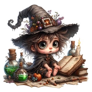 Halloween Witch Clipart PNG - 14 Cute Girl With Potions and Spellbook ...