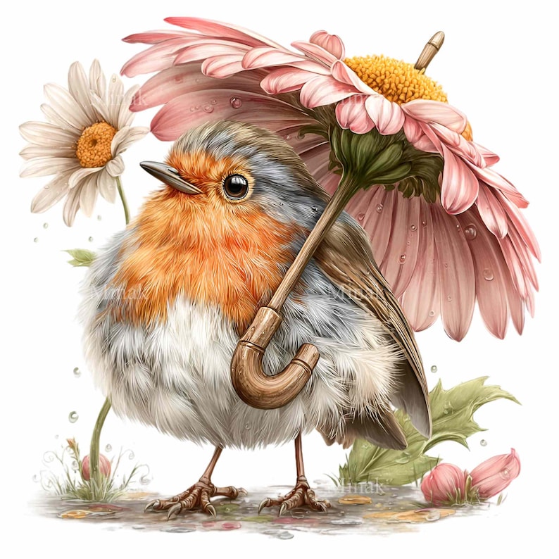 15 PNG Robin Bird Clipart, Daisy Umbrella Garden, Spring Floral ...